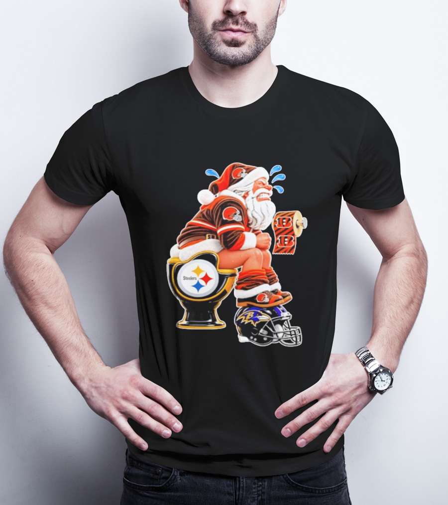 Santa Claus Cleveland Browns Toilet Sitting Steelers Ravens Bengals Meme T-Shirt