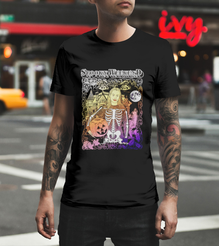 Spooky Weekend Skeleton Pumpkin Haunted House Halloween Magic Moonlit Night T-Shirt