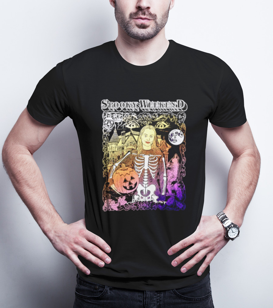Spooky Weekend Skeleton Pumpkin Haunted House Halloween Magic Moonlit Night T-Shirt