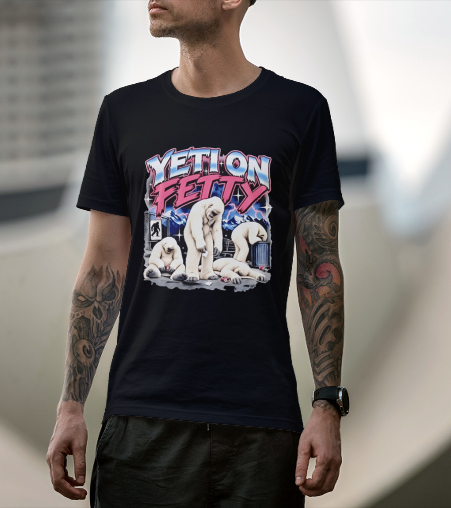 Yeti On Fetty Bigfoot Snowy Mountain Scene T-Shirt