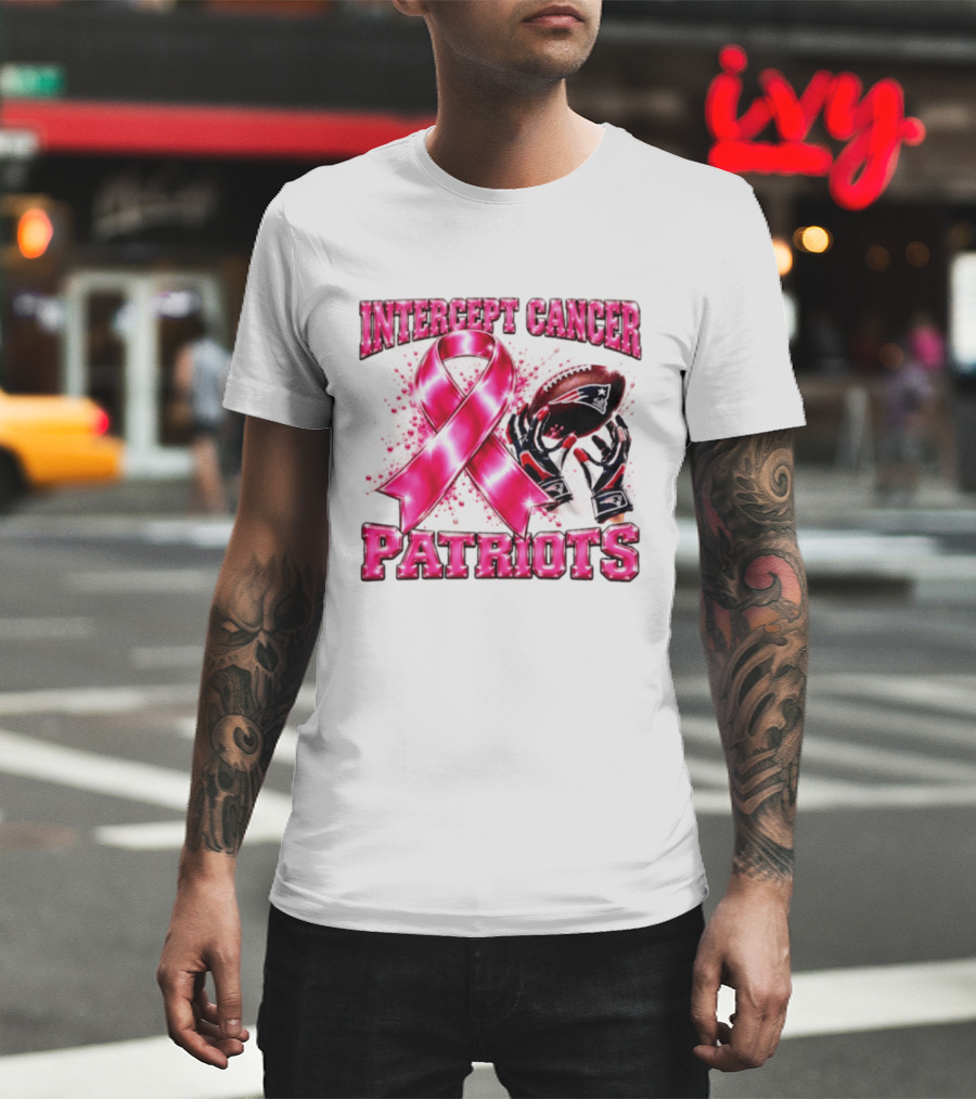 Intercept Cancer New England Patriots 2026 Football Gloves Pink Ribbon Awareness T-Shirt