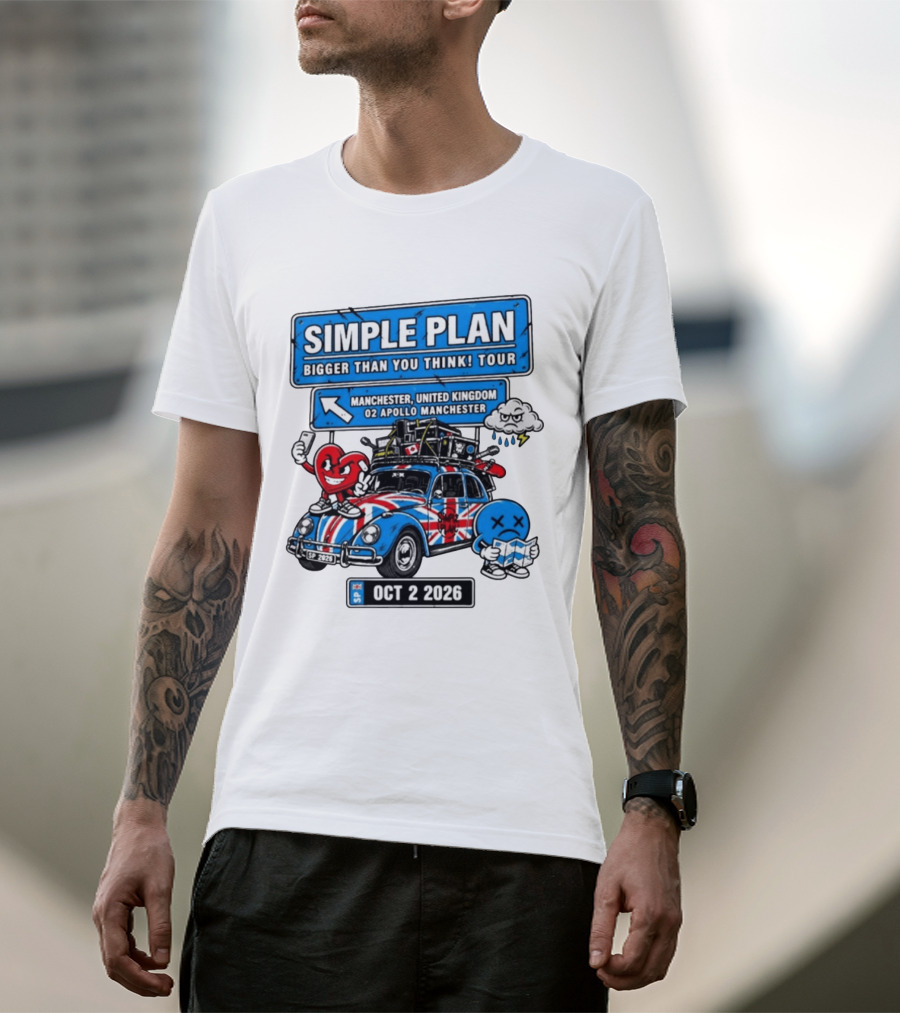 Simple Plan Bigger Than You Think Tour Manchester O2 Apollo Oct 2 2026 Car And Characters T-Shirt