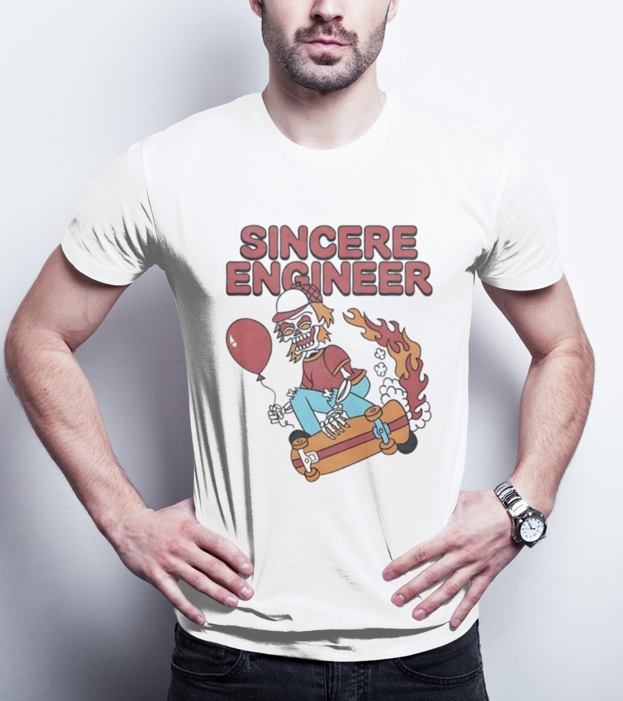 Sincere Engineer Skeleton Skateboarder With Balloon And Flaming Wheels T-Shirt