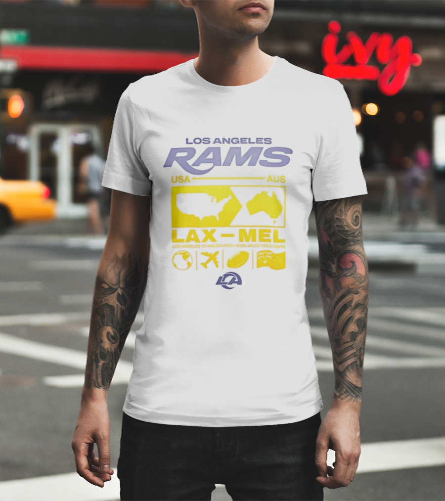 Los Angeles Rams LAX To MEL 2026 USA To Australia Football Journey T-Shirt