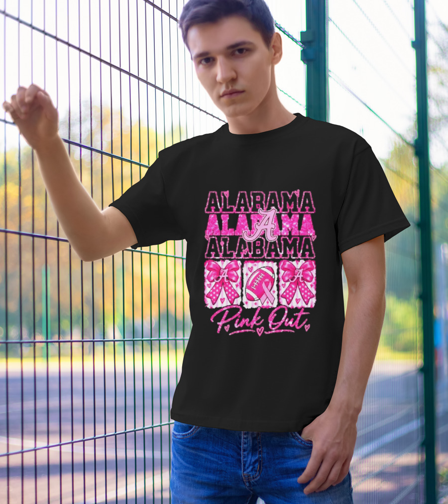 Alabama Crimson Tide A Pink Out Breast Cancer Awareness Football Bow Game Day T-Shirt