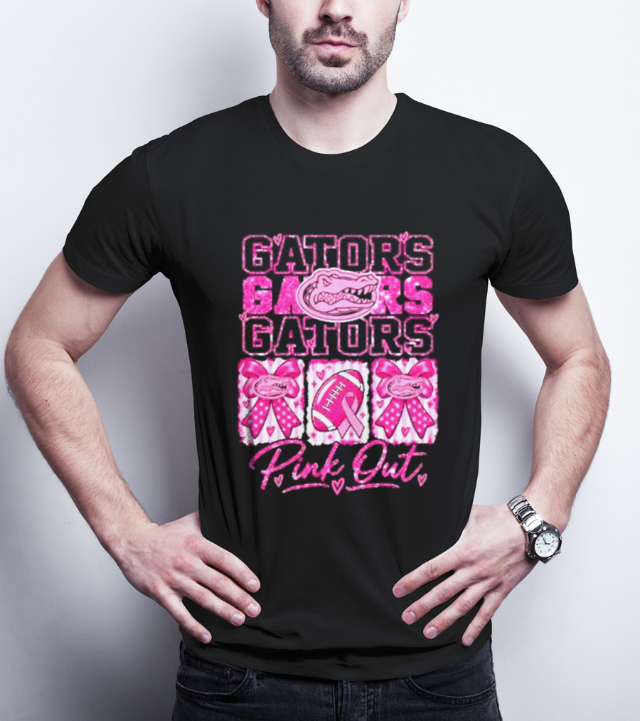 Gators Pink Out Breast Cancer Awareness Game Day Bow Ribbon Football T-Shirt