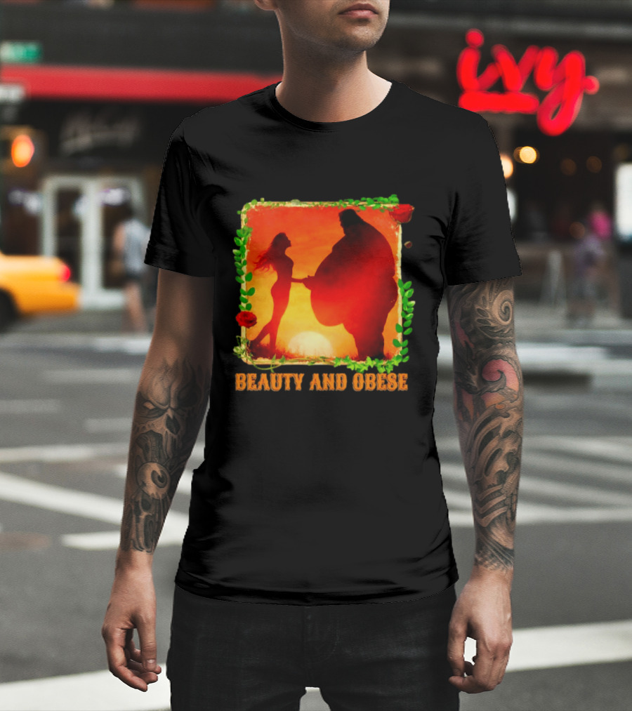 Beauty And Obese Romantic Satire With Sunset Silhouette And Roses T-Shirt