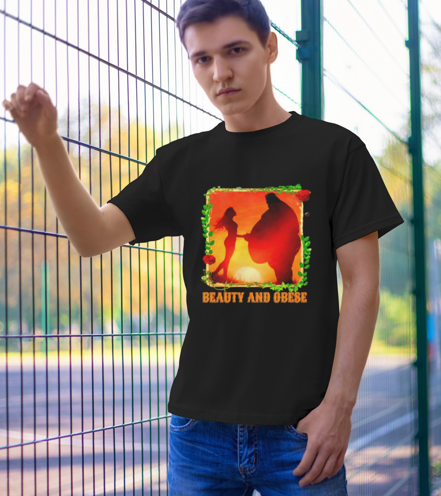 Beauty And Obese Romantic Satire With Sunset Silhouette And Roses T-Shirt
