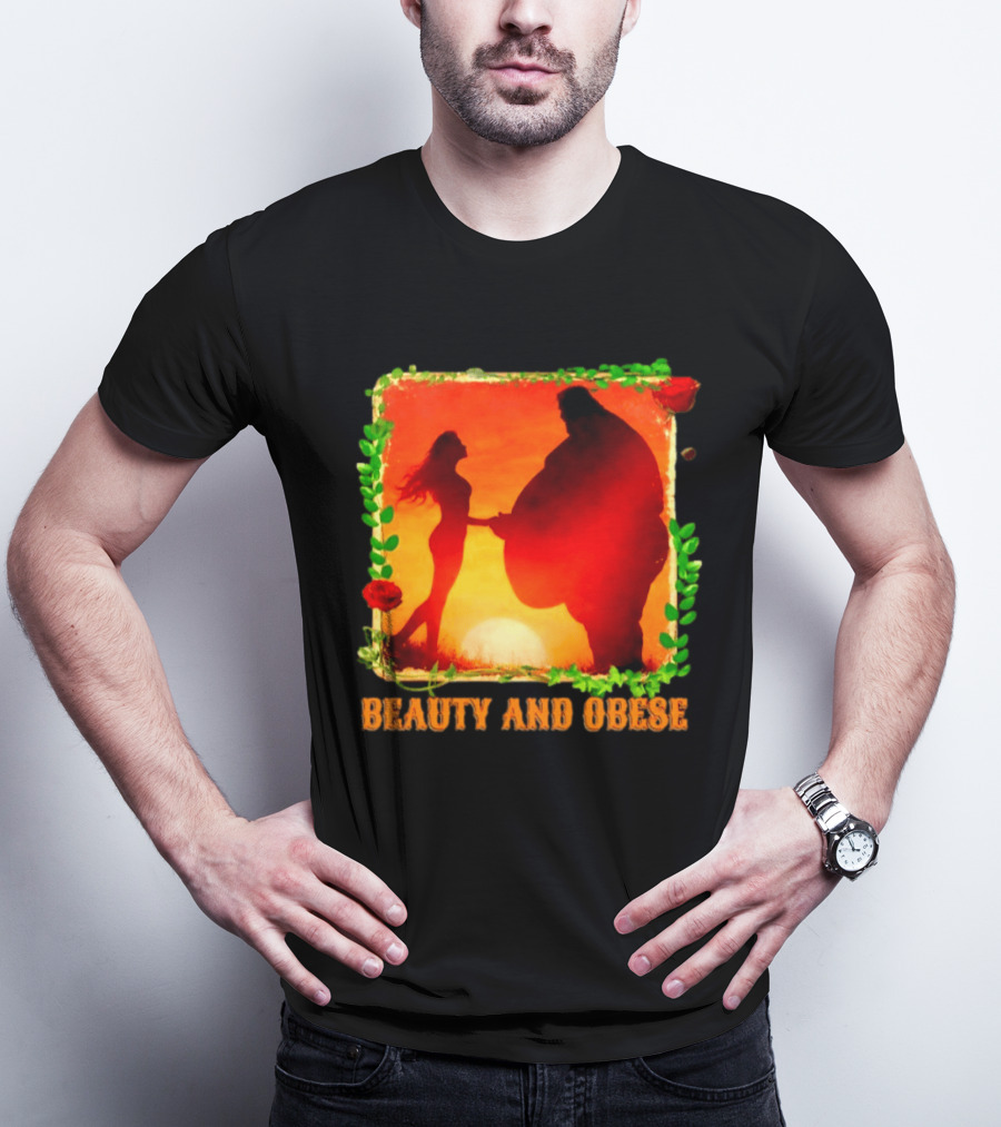 Beauty And Obese Romantic Satire With Sunset Silhouette And Roses T-Shirt