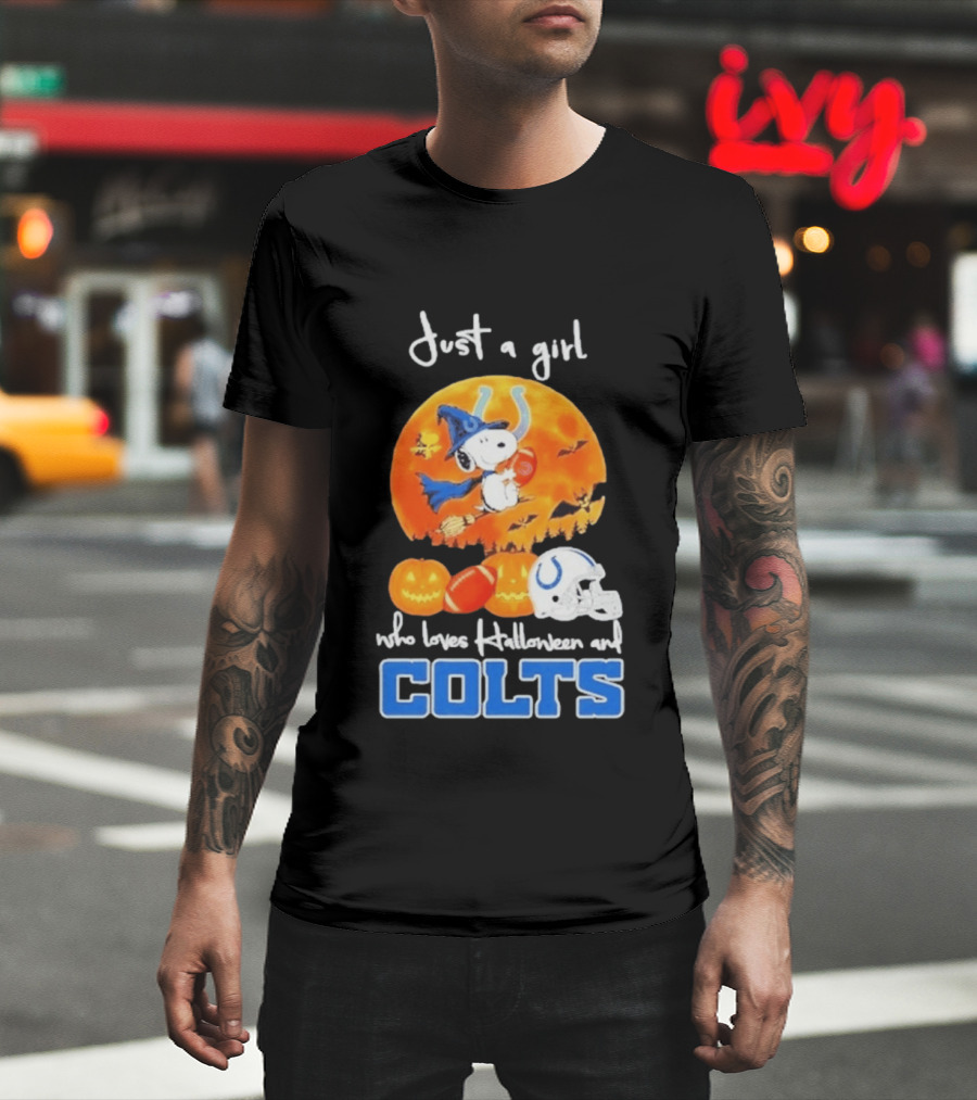 Just A Girl Who Loves Halloween And Colts Snoopy Woodstock Collaboration T-Shirt