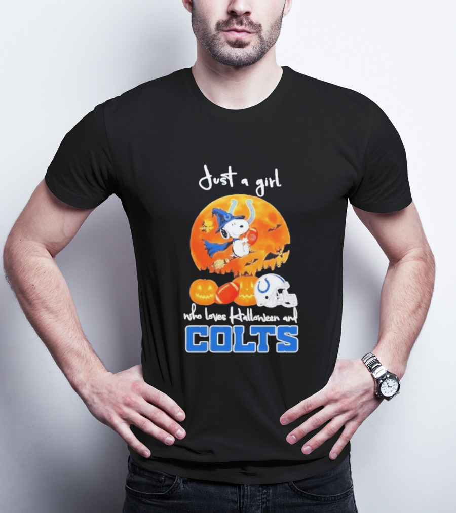 Just A Girl Who Loves Halloween And Colts Snoopy Woodstock Collaboration T-Shirt
