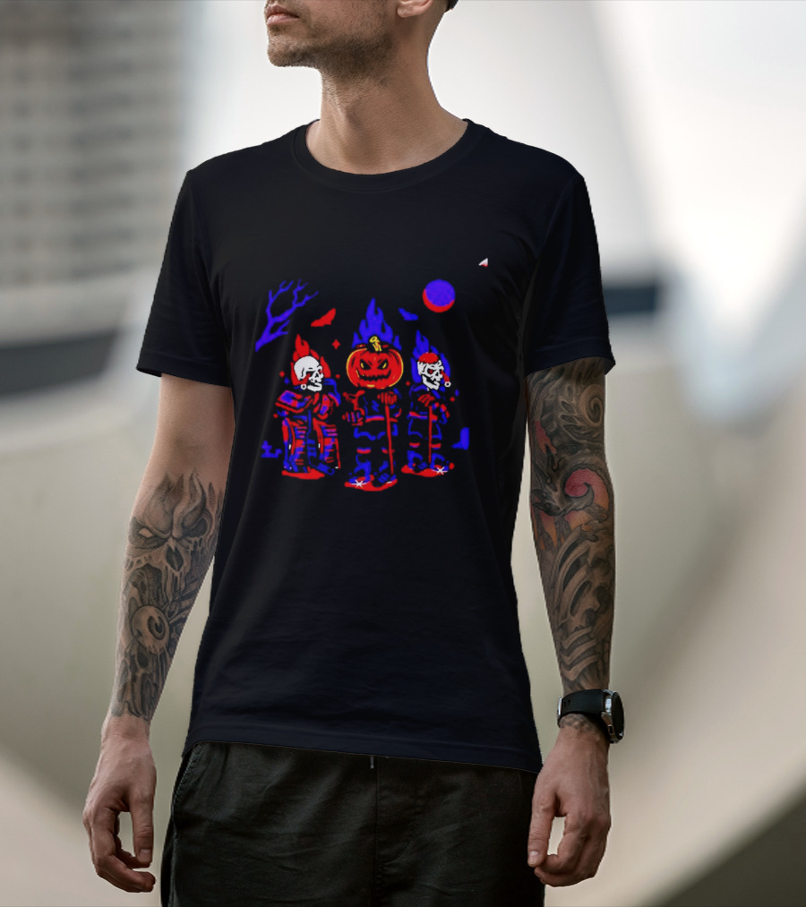 Halloween Pumpkin Skeleton Hockey Players Spooky Sports T-Shirt