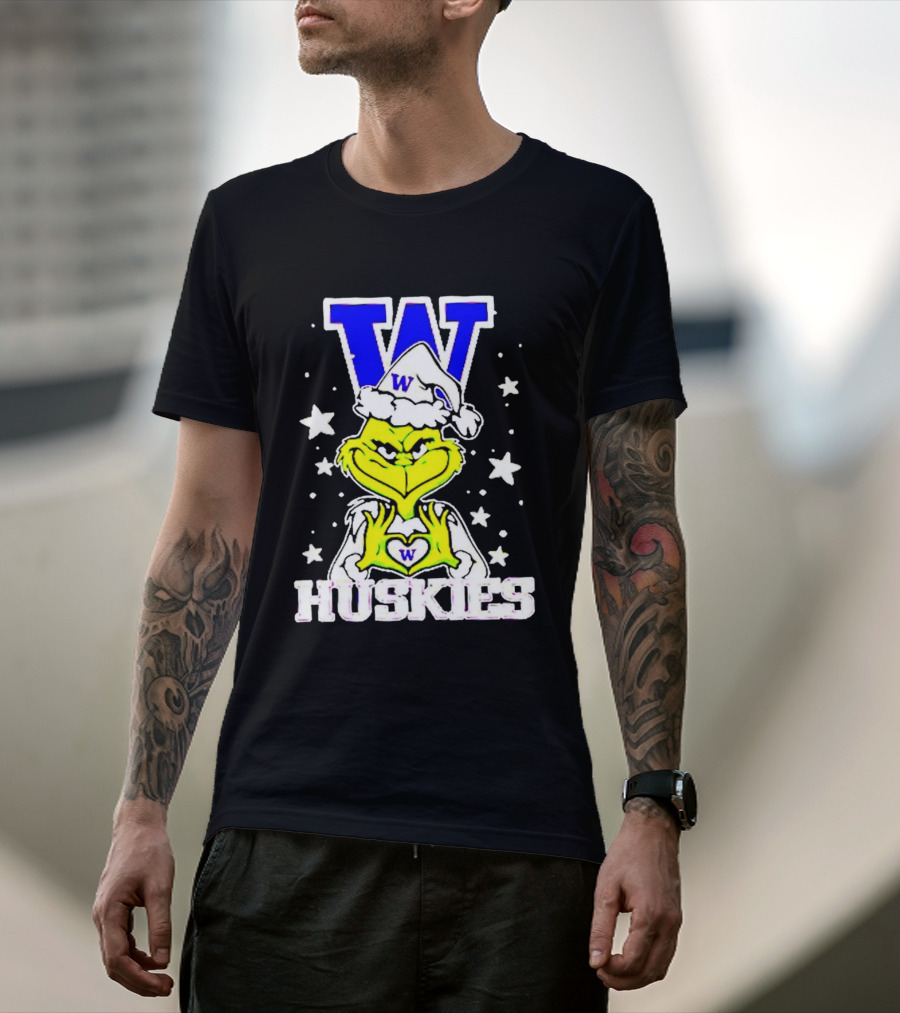 Washington Huskies Grinch Santa Hat Christmas Heart Hands W Monogram T-Shirt