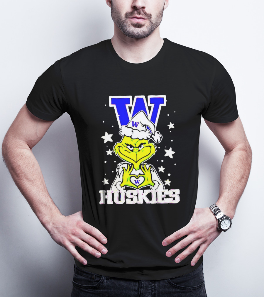 Washington Huskies Grinch Santa Hat Christmas Heart Hands W Monogram T-Shirt