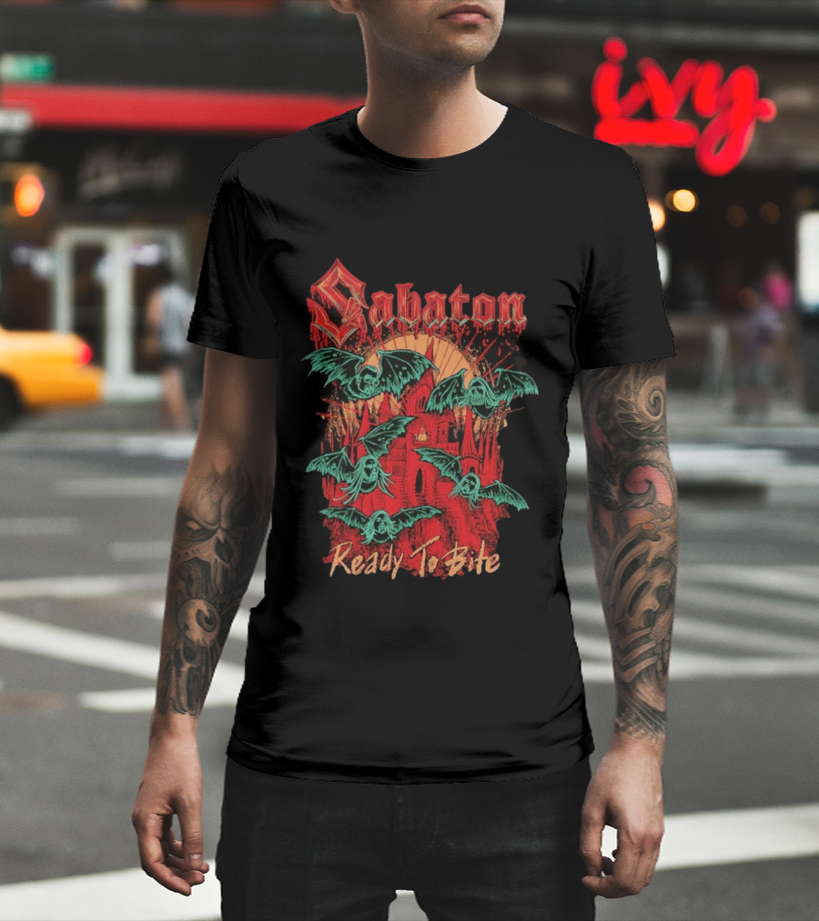 Sabaton Ready To Bite Halloween Spooky Bats Castle Scene T-Shirt