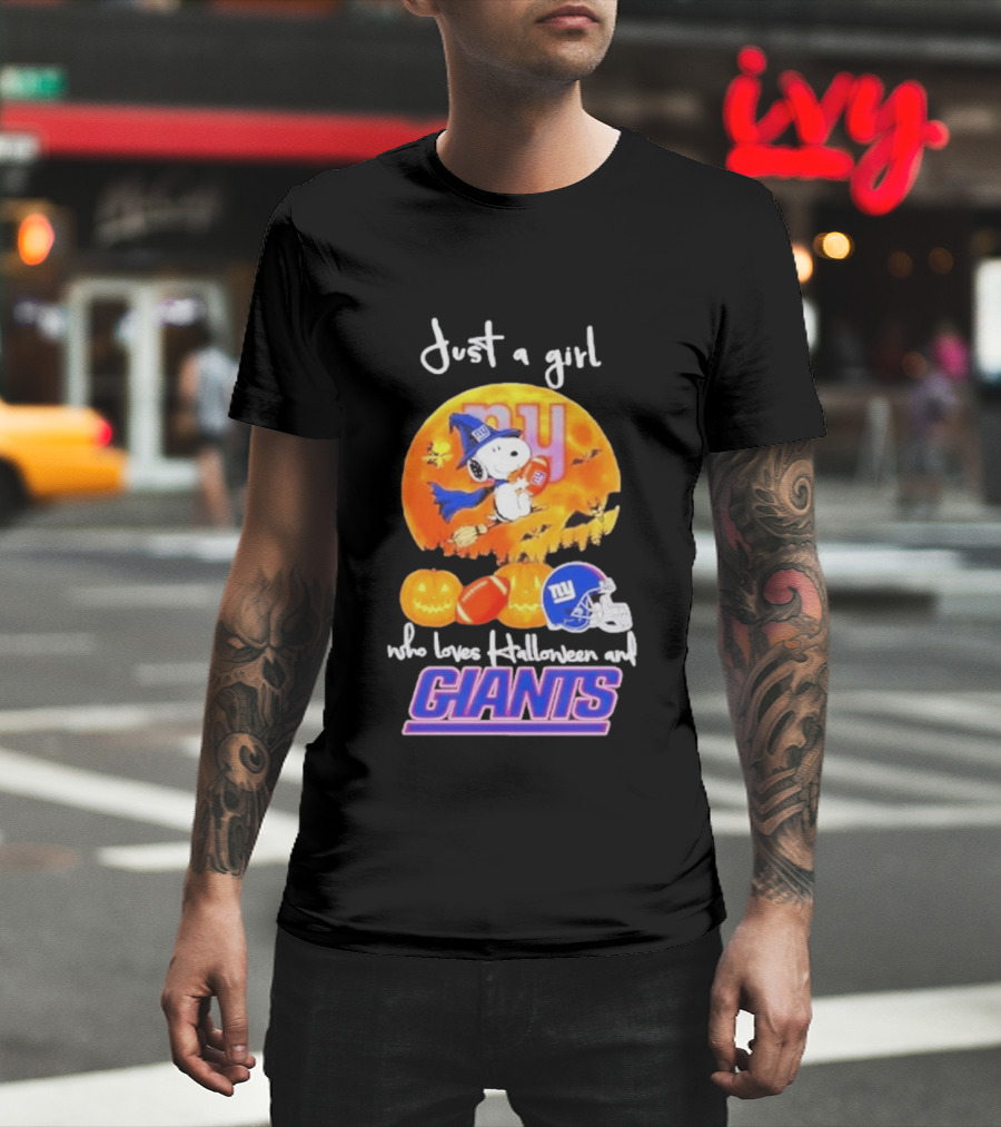 Just A Girl Who Loves Halloween New York Giants Snoopy Woodstock T-Shirt