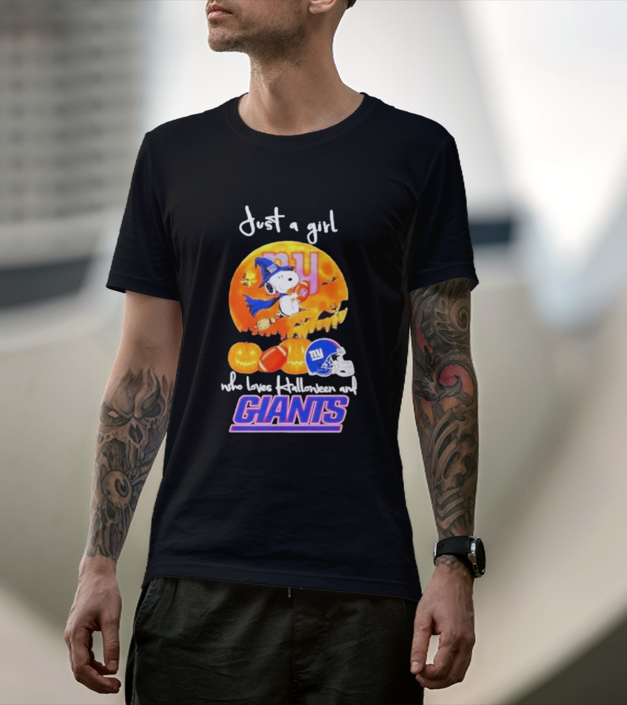 Just A Girl Who Loves Halloween New York Giants Snoopy Woodstock T-Shirt