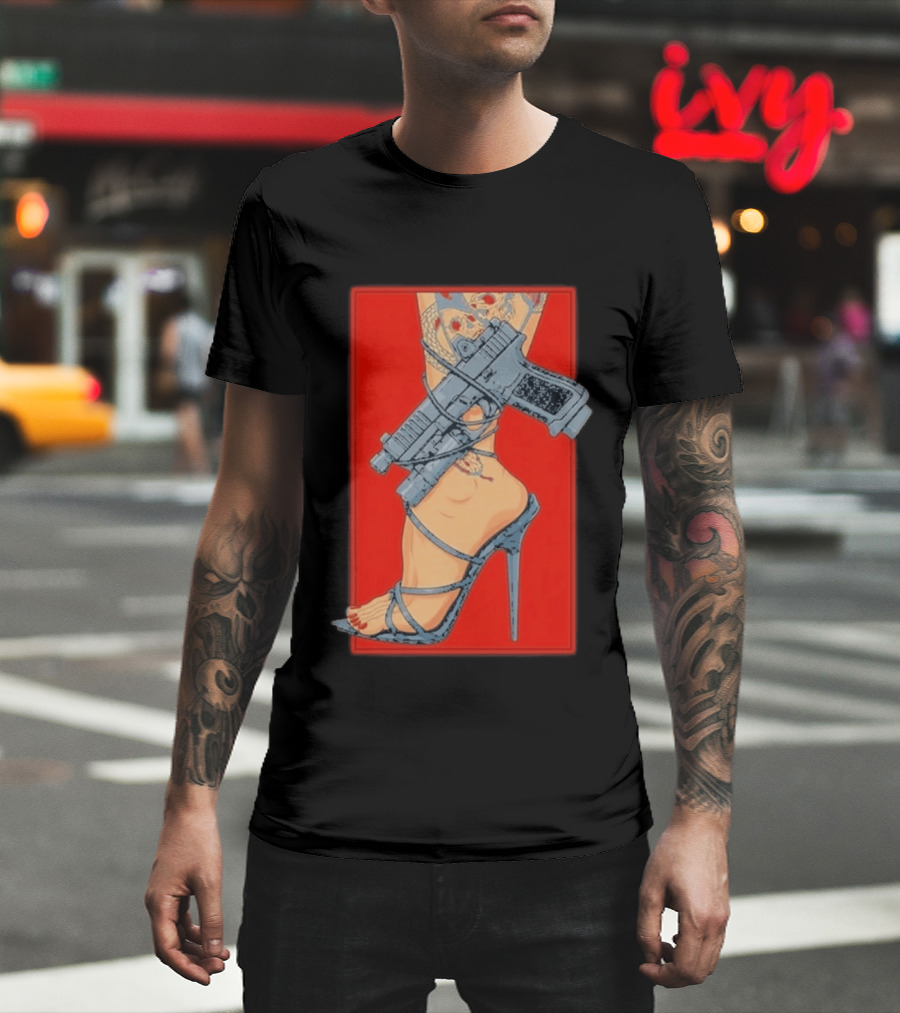 High Heel Stiletto With Gun And Tattoo Art On Red T-Shirt