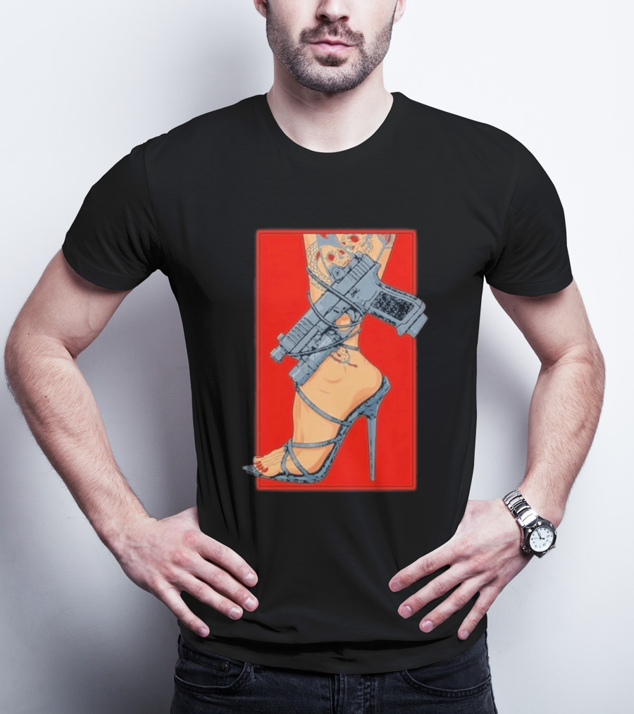 High Heel Stiletto With Gun And Tattoo Art On Red T-Shirt
