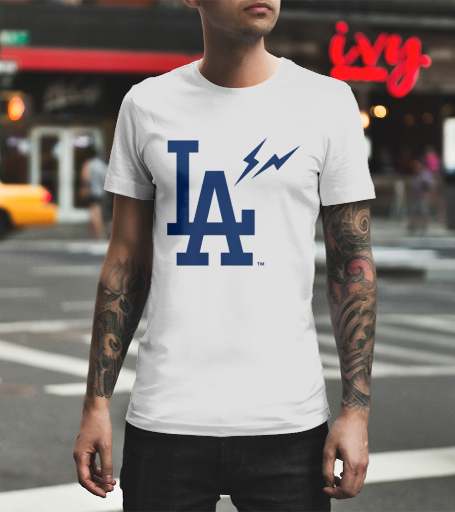 Los Angeles Dodgers Fragment Collaboration LA Thunder Lightning Bolt T-Shirt