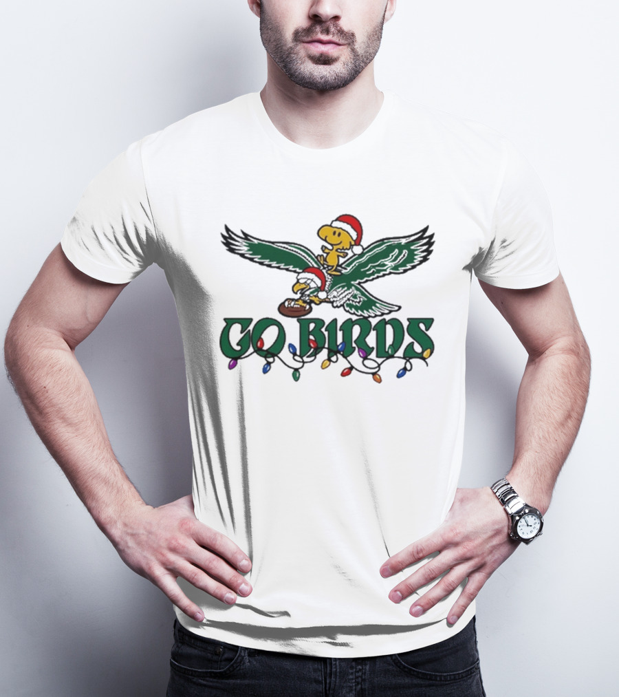 Snoopy And Woodstock Riding Philadelphia Eagles Christmas Go Birds T-Shirt