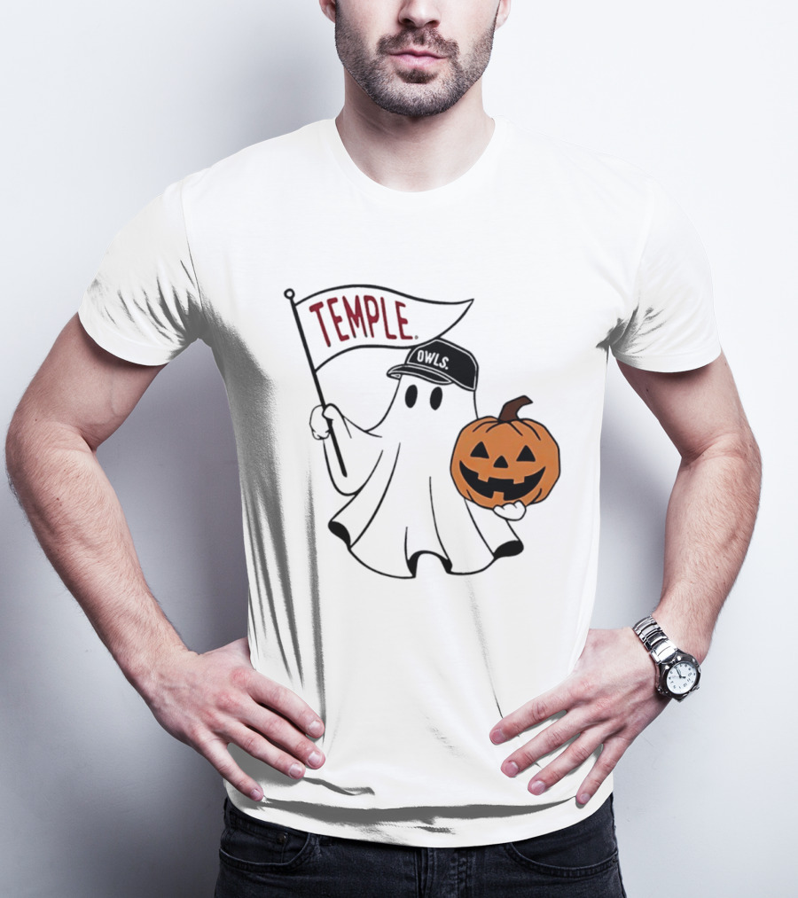Temple Owls Halloween Ghost With Pumpkin And Flag T-Shirt
