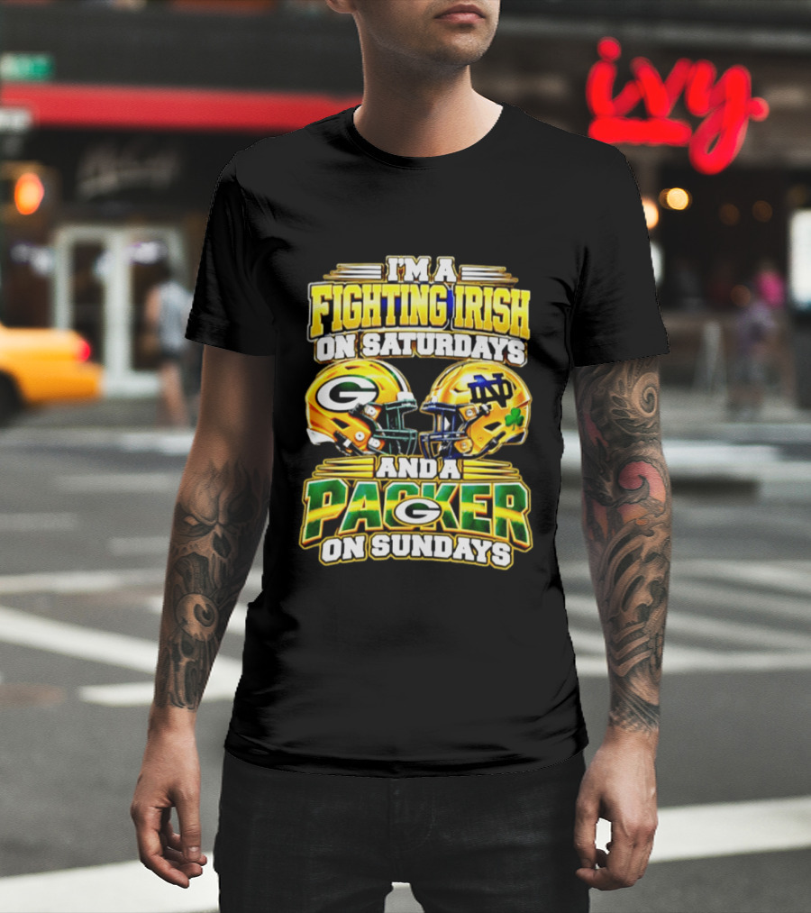 I'm A Fighting Irish On Saturdays And A Packer On Sundays Football Helmet T-Shirt