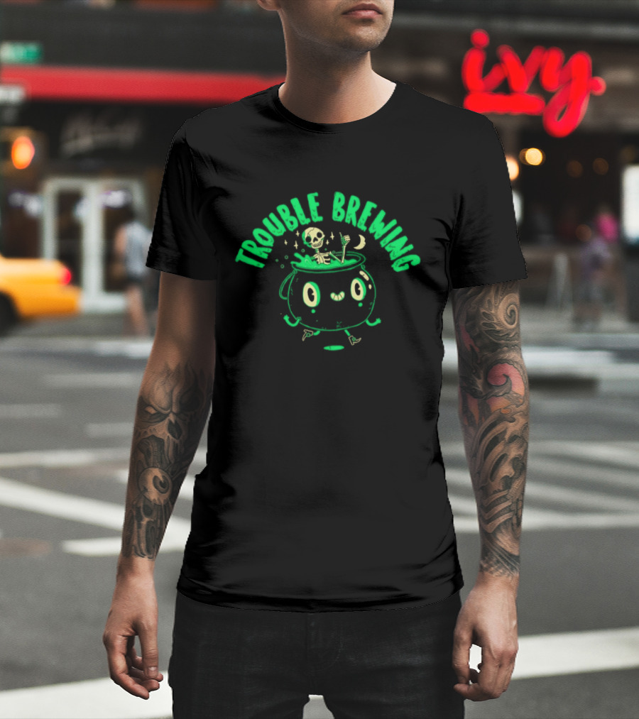 Skeleton Trouble Brewing Halloween 2026 Cauldron Moon T-Shirt
