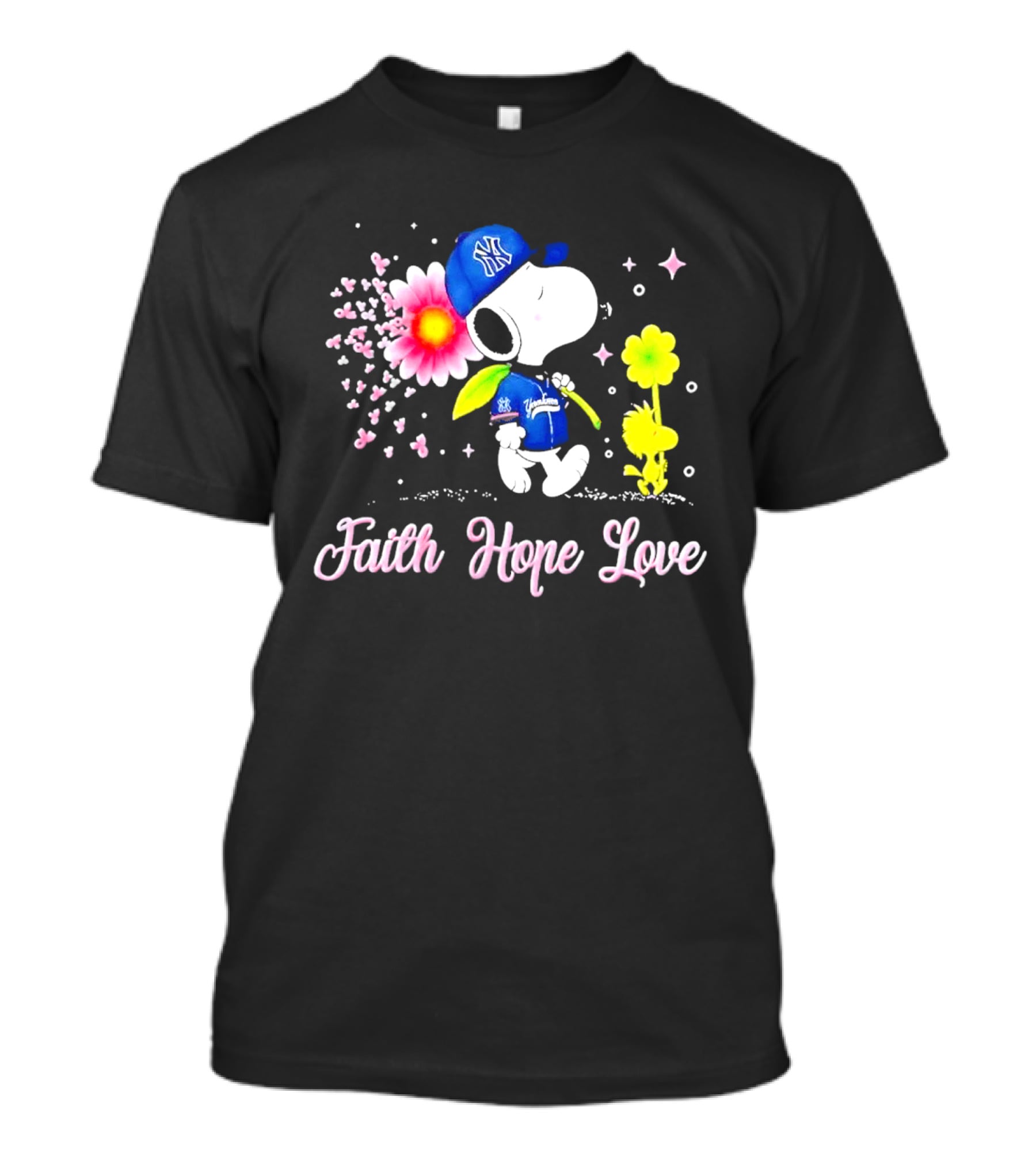 Snoopy New York Yankees Breast Cancer Awareness Faith Hope Love Blossoms Woodstock T-Shirt