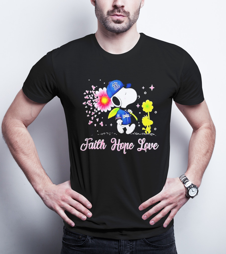 Snoopy New York Yankees Breast Cancer Awareness Faith Hope Love Blossoms Woodstock T-Shirt