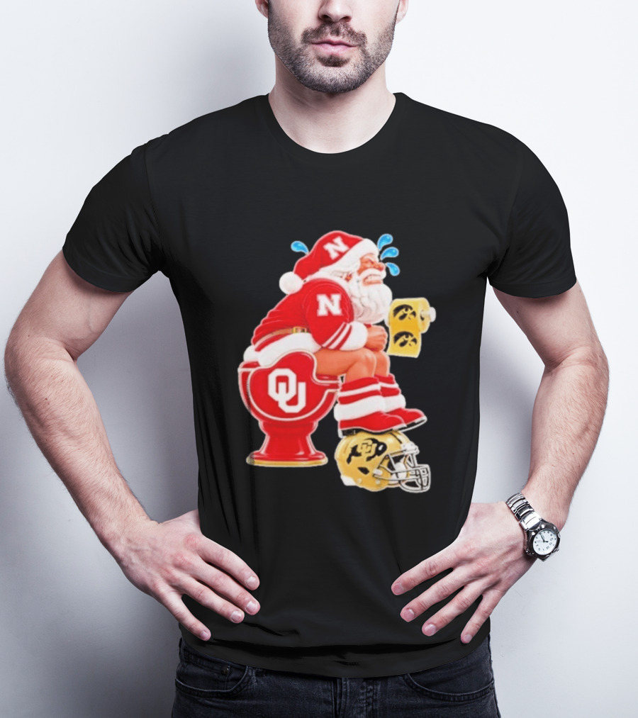 Nebraska Santa On Oklahoma Toilet With Iowa Toilet Paper And Colorado Helmet Football Rivalry Humor T-Shirt