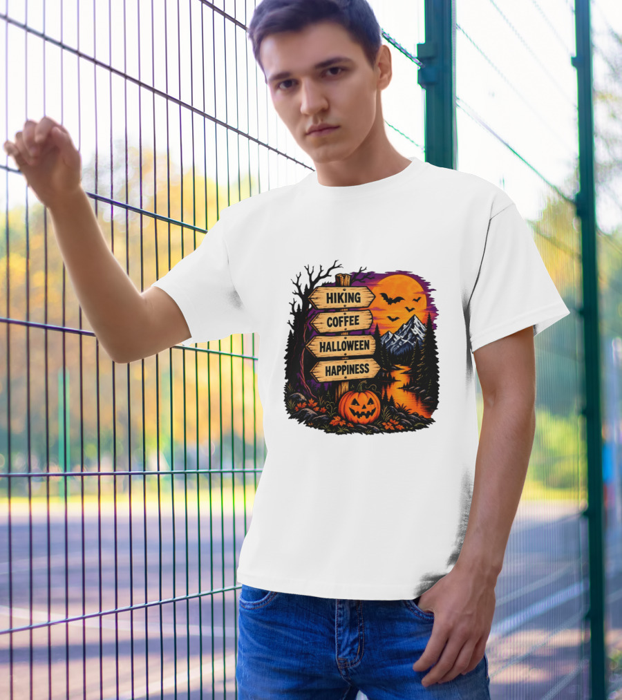 Hiking Coffee Halloween Happiness Fall Season Signpost Scenic Sunset Pumpkin Bats T-Shirt