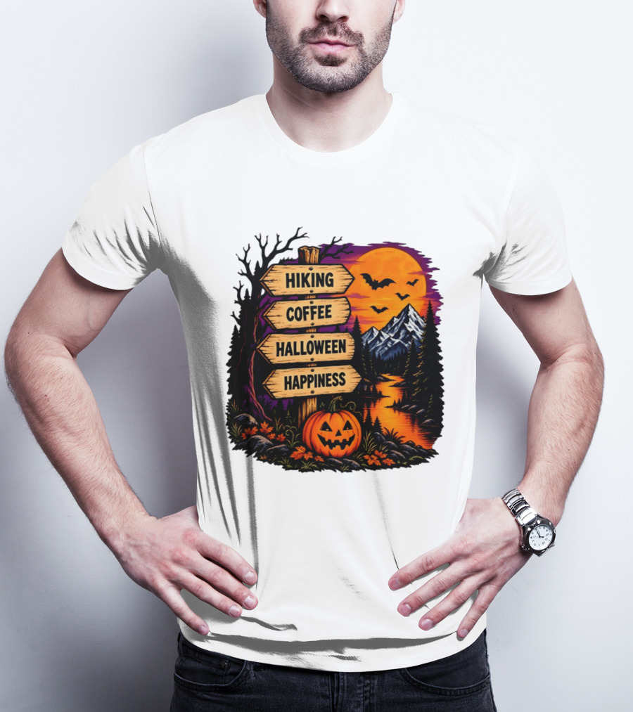 Hiking Coffee Halloween Happiness Fall Season Signpost Scenic Sunset Pumpkin Bats T-Shirt