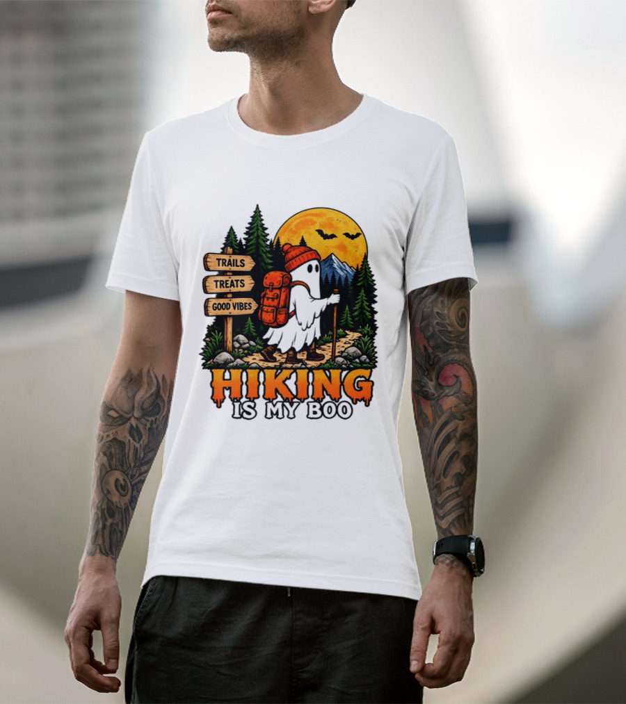 Hiking Is My Boo Ghost Trails Treats Good Vibes Halloween T-Shirt