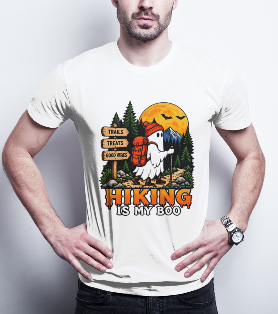 Hiking Is My Boo Ghost Trails Treats Good Vibes Halloween T-Shirt
