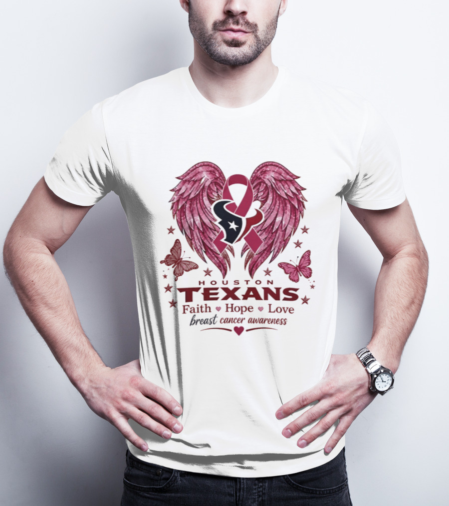 Houston Texans Breast Cancer Awareness Faith Hope Love Wings T-Shirt