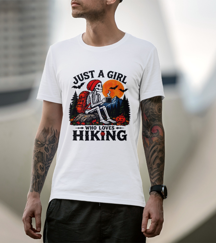 Just A Girl Who Loves Hiking Skeleton Autumn Halloween Pumpkin Bats And Coffee T-Shirt