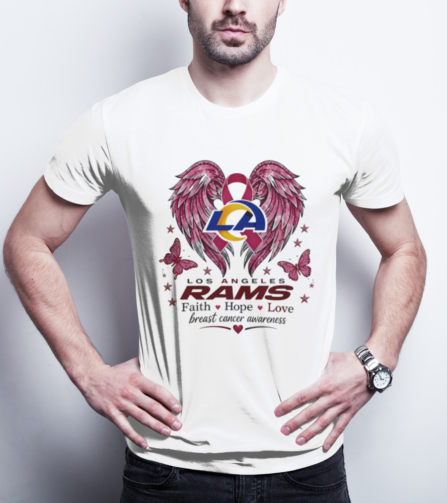 Los Angeles Rams Breast Cancer Awareness Faith Hope Love Wings And Butterflies T-Shirt