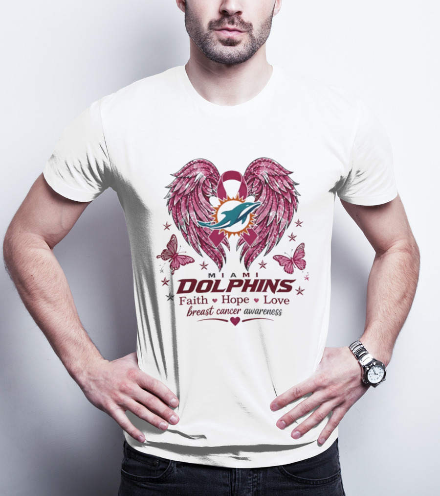 Miami Dolphins Breast Cancer Awareness Faith Hope Love Pink Ribbon Wings T-Shirt