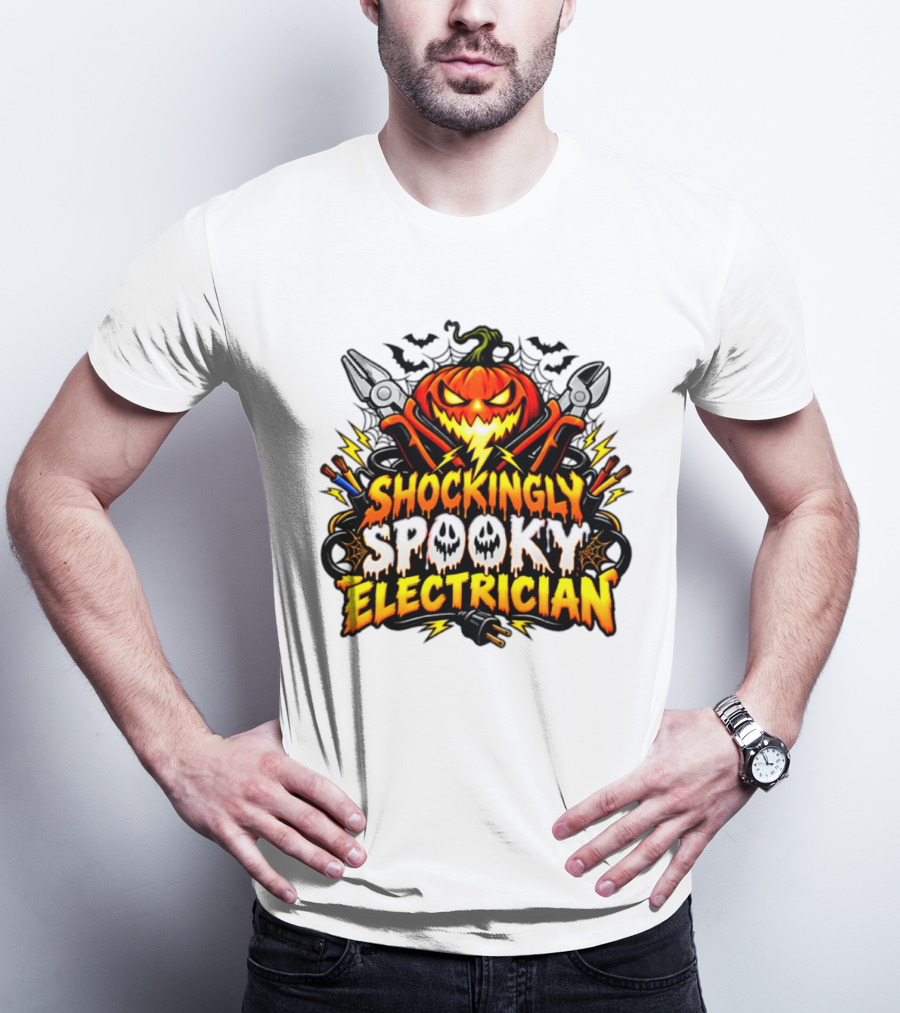 Shockingly Spooky Electrician Pumpkin Halloween Pliers And Bats T-Shirt