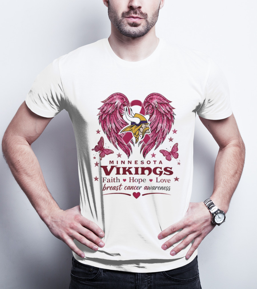 Minnesota Vikings Breast Cancer Awareness Faith Hope Love Wings T-Shirt