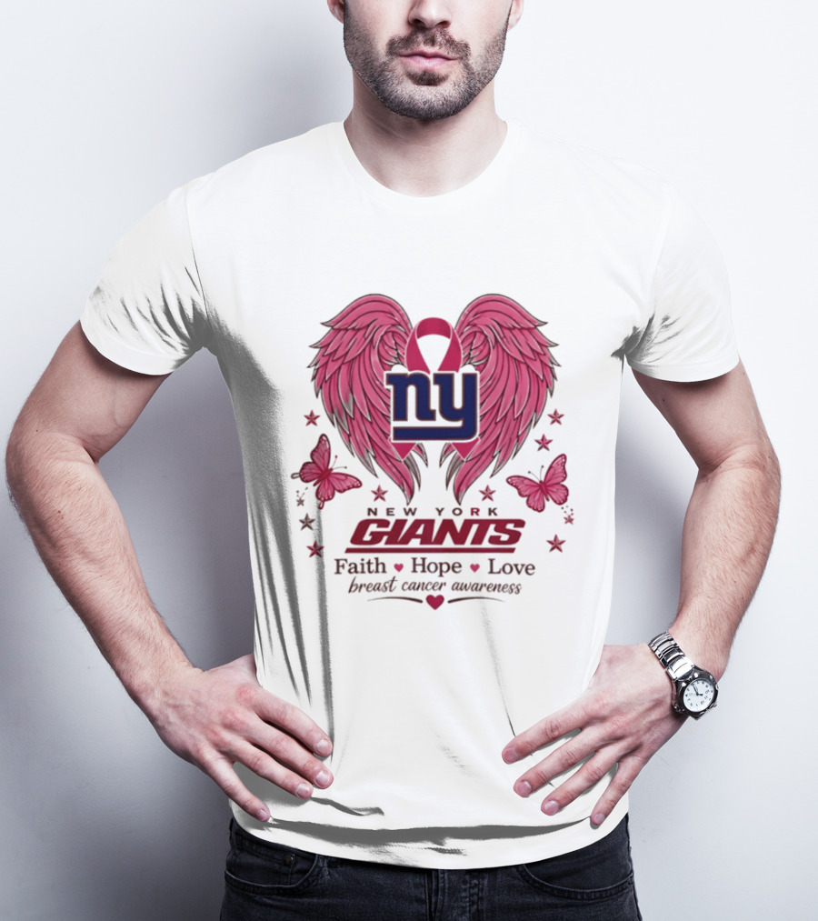 New York Giants Breast Cancer Awareness Faith Hope Love Pink Wings Ribbon T-Shirt