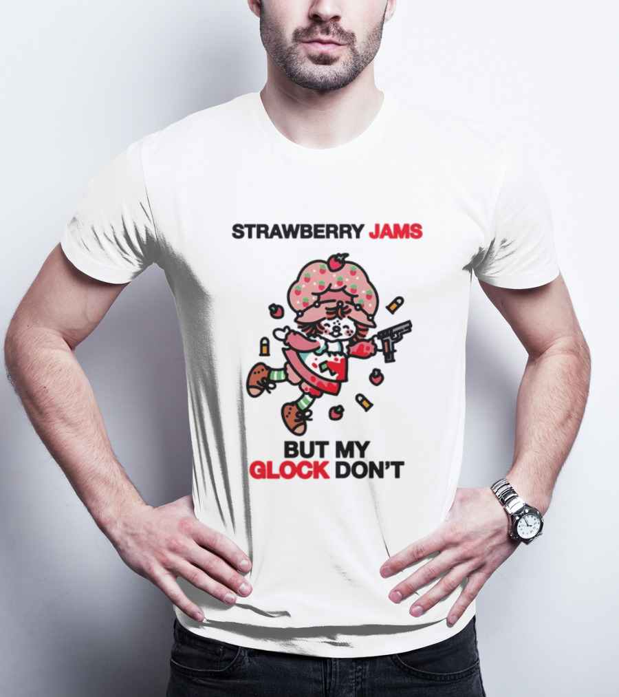 Strawberry Jams But My Glock Don't Cartoon Character With Pink Frosted Hat And Pistol T-Shirt