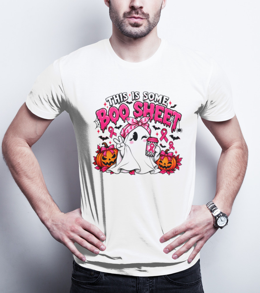 This Is Some Boo Sheet Breast Cancer Awareness Ghost Halloween Pink Ribbons Pumpkin T-Shirt