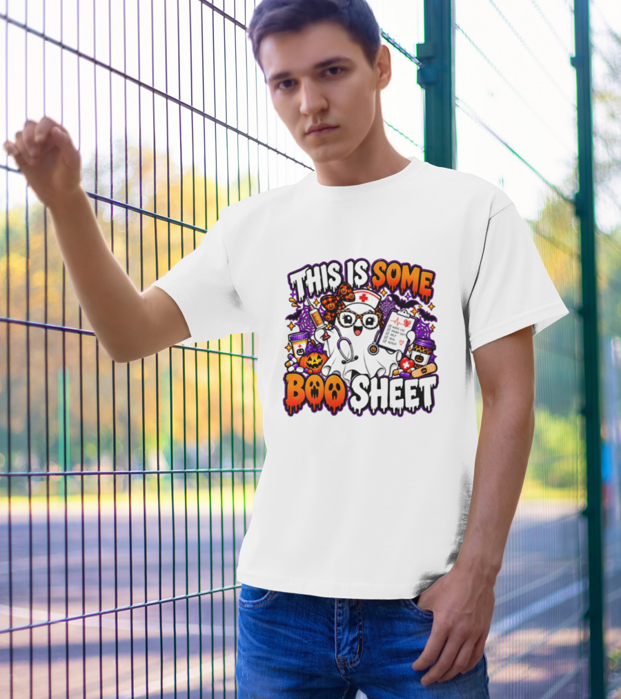 This Is Some Boo Sheet Nurse Life Spooky Shift Halloween 2026 Pumpkin Ghost Nurse Hat Glasses Bats T-Shirt