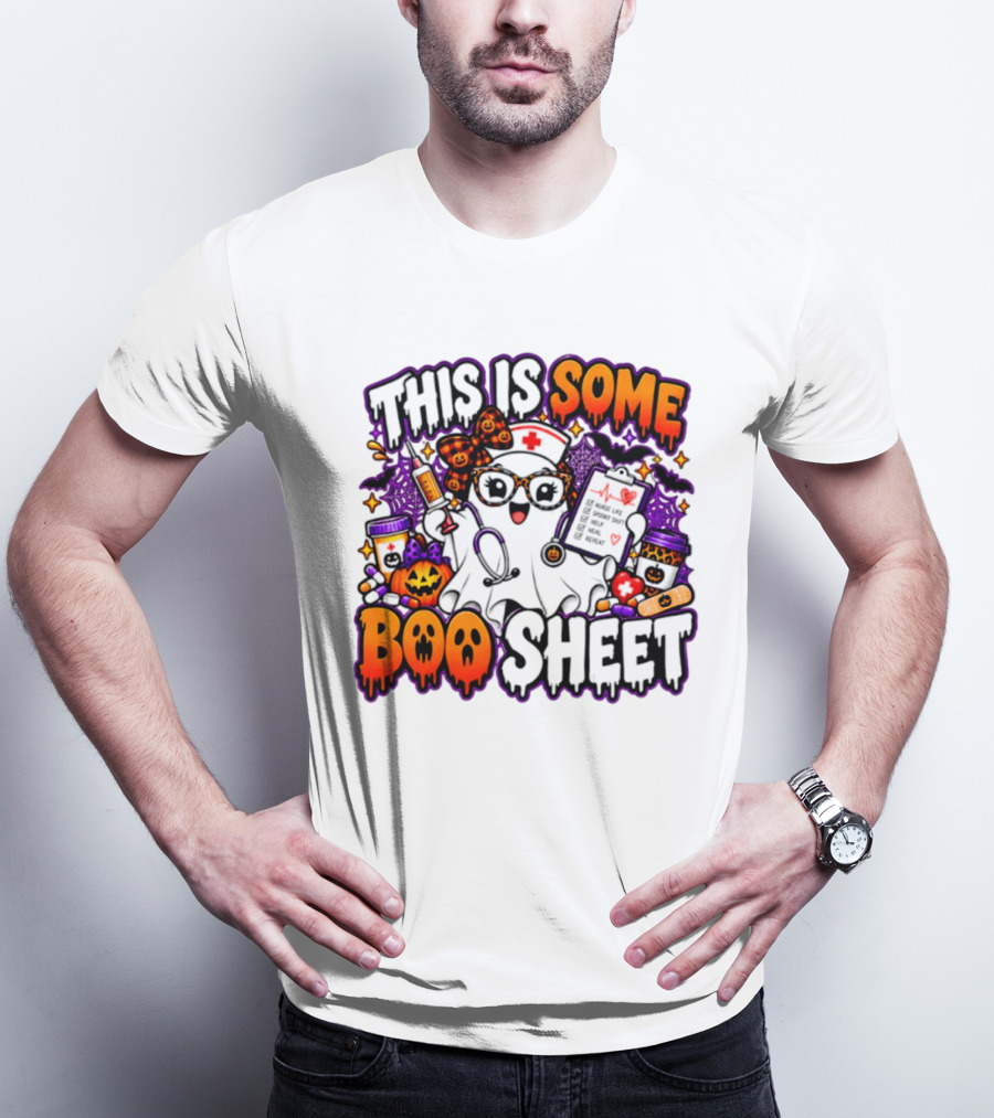 This Is Some Boo Sheet Nurse Life Spooky Shift Halloween 2026 Pumpkin Ghost Nurse Hat Glasses Bats T-Shirt