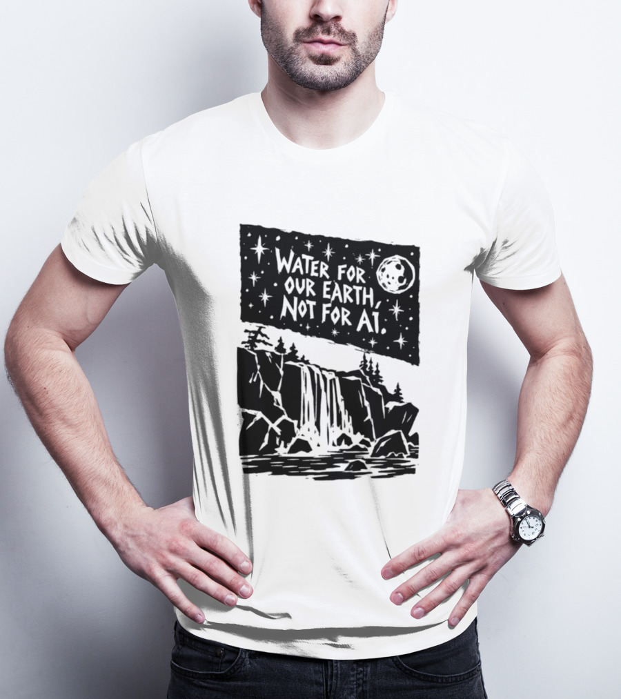 Water For Our Earth Not For AI Moonlit Waterfall Environmental Message T-Shirt