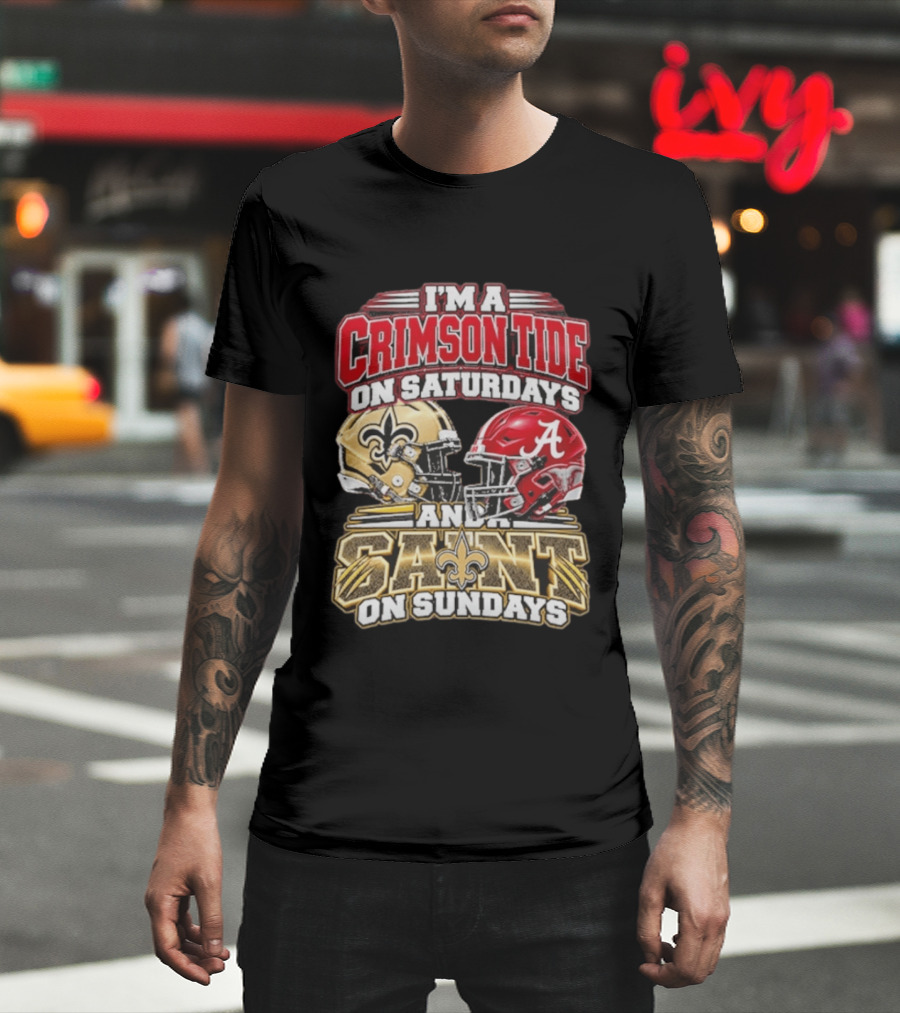 I'm A Crimson Tide On Saturdays And A Saint On Sundays Football Helmets T-Shirt