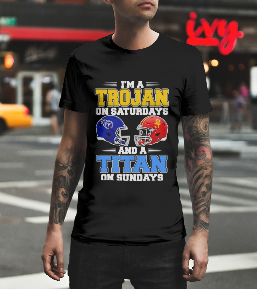 USC Trojans On Saturdays Titans On Sundays Football Helmets T-Shirt