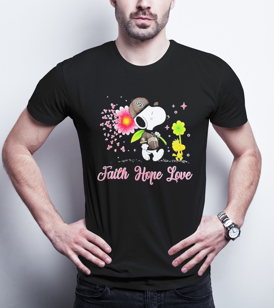 Snoopy San Diego Padres Faith Hope Love Breast Cancer Awareness T-Shirt